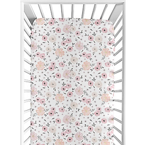 Sweet Jojo Designs Floral Girl Jersey Stretch Knit Baby Fitted Crib Sheet for Soft Toddler Bed Nursery - Blush Pink, Grey and White Boho Shabby Chic Rose Watercolor Flower