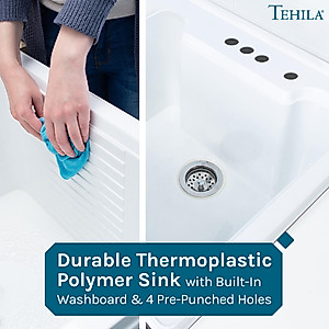 Utility Sink with White Vanity Cabinet by JS Jackson Supplies, Stainless High-Arc Pull-Down Sprayer Faucet, Soap Dispenser and Spacious Vanity for Laundry Room