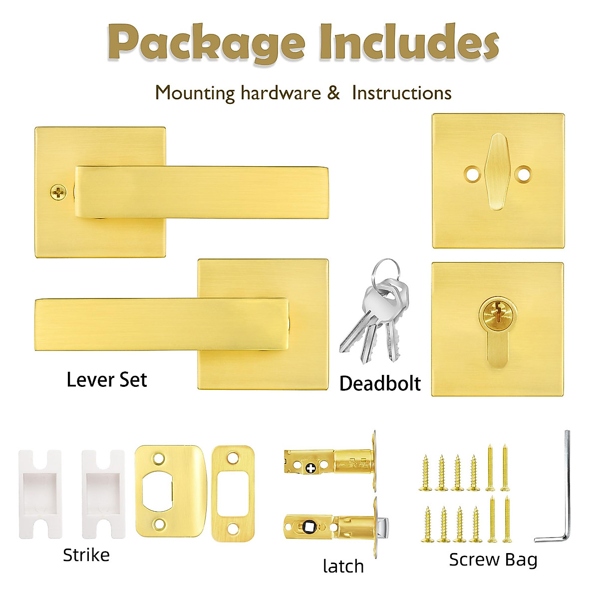 Satin Brass Door Handle Set with Single Cylinder Deadbolt and Lever Gold Keyed Front Entry Door Locksets