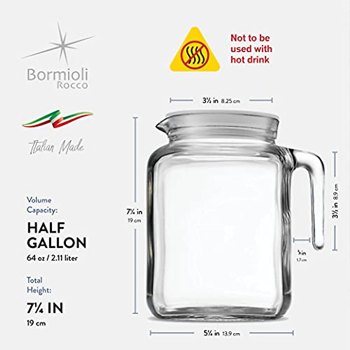 Bormioli Rocco Hermetic Seal Glass Pitcher With Lid and Spout [68 Ounce] Great for Homemade Juice & Cold Tea or for Glass Milk Bottles