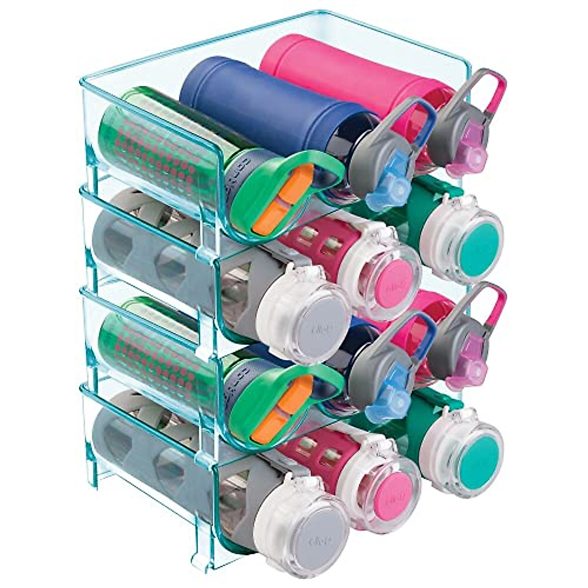 mDesign Stackable Plastic 3 Bottle Refrigerator Wine Rack - Kitchen Storage Organizer for Champagne, Wine or Water Bottles - Stacking Wine Organizer for Fridge - Ligne Collection - 4 Pack - Blue Tint