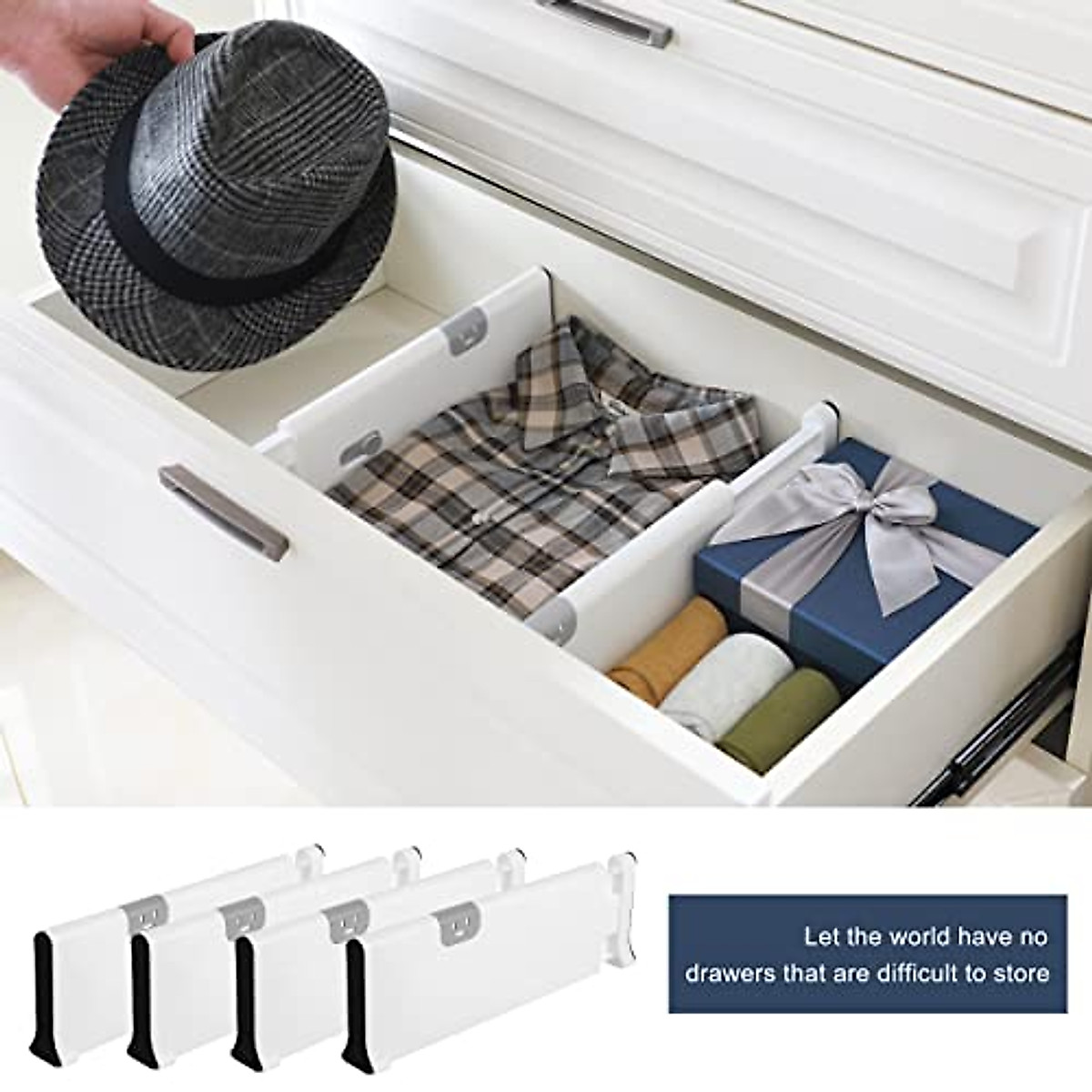Drawer Dividers Organizers 4 Pack, Expandable from Length 14.9-21.3'', Adjustable 4" High, Deep Dresser Drawer Organizer, Plastic Drawer Separators for Clothing, Kitchen Utensils and Office Storage