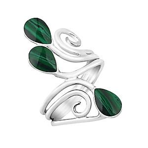 Floral Vine Ornate Teardrop Green Malachite Sterling Silver Ring (10)
