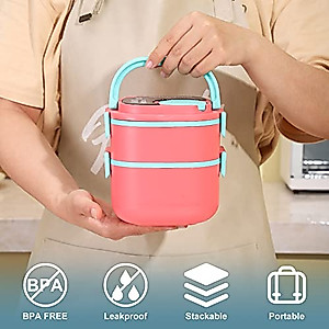 Stackable Lunch Container for Adults with 45oz Large Capacity Stainless Steel bento box Adult lunch box, Leak-Proof Durable All-in-One Bento Box Built In Divider, Spoon, Dressing Container (Pink)