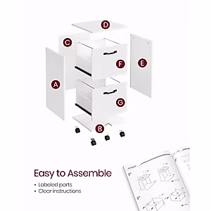 VASAGLE 2-Drawer File Cabinet, Filing Cabinet for Home Office, Small Rolling File Cabinet, Printer Stand, for A4, Letter-Size Files, Hanging File Folders, Modern Style, White UOFC040W46