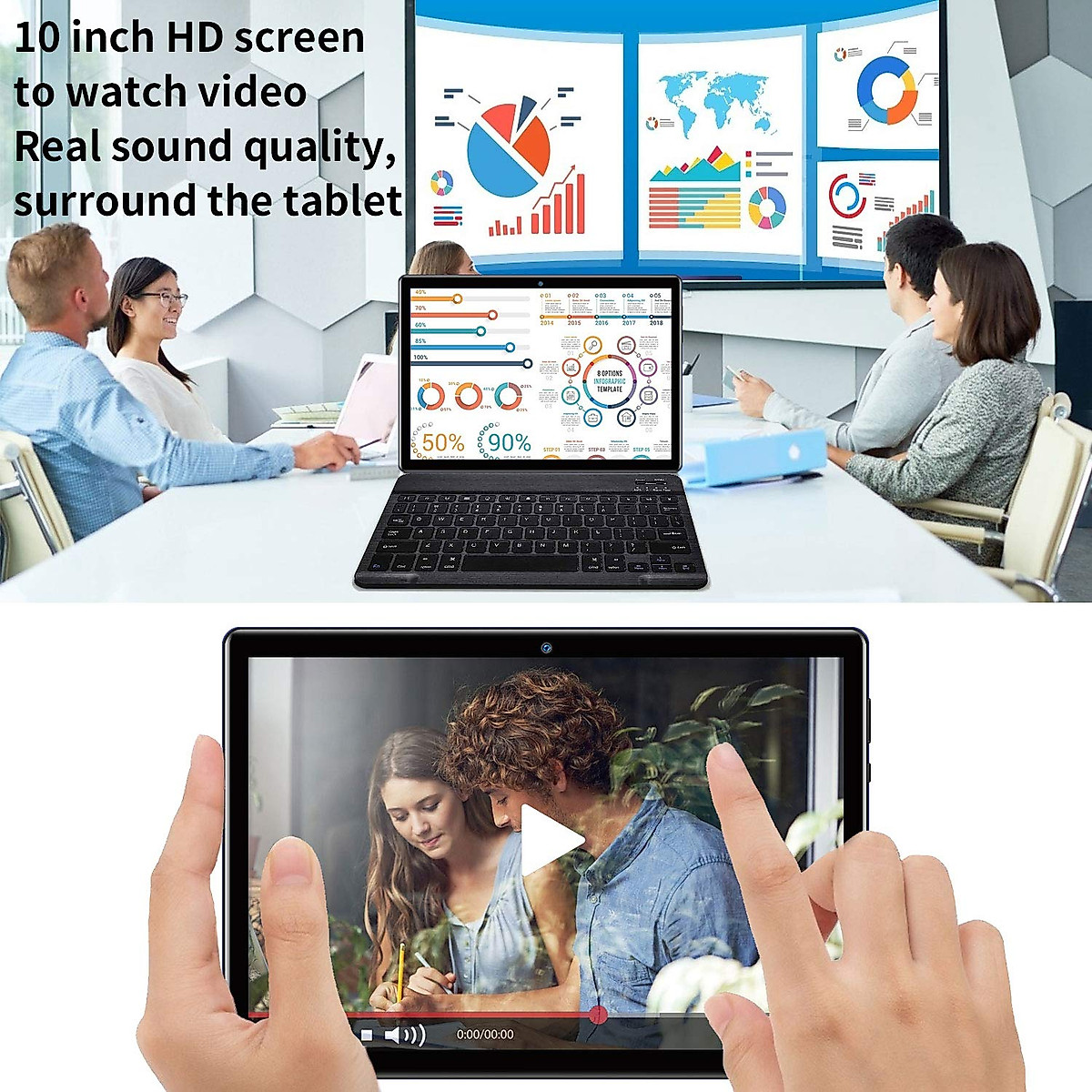 AOYODKG 2023 Newest Tablet with Keyboard 10 Inch, Android Tablet Newest Octa-core Processor, 64GB ROM + 4GB RAM Storage, 256GB Expandable, 2 in 1 Tablet with WiFi, GPS, 1920x1200 HD Display -Black