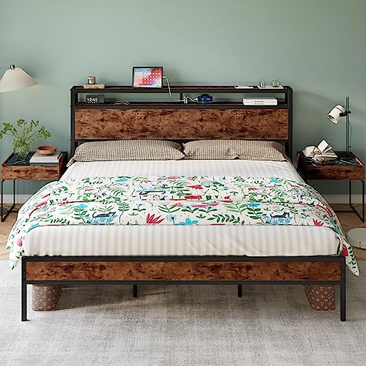 LUXOAK King Size Bed Frame, Platform Bed Frame with 2-Tier Storage Headboard and Charging Station/No Box Spring Needed/Noise Free/Industrial/Rustic Brown