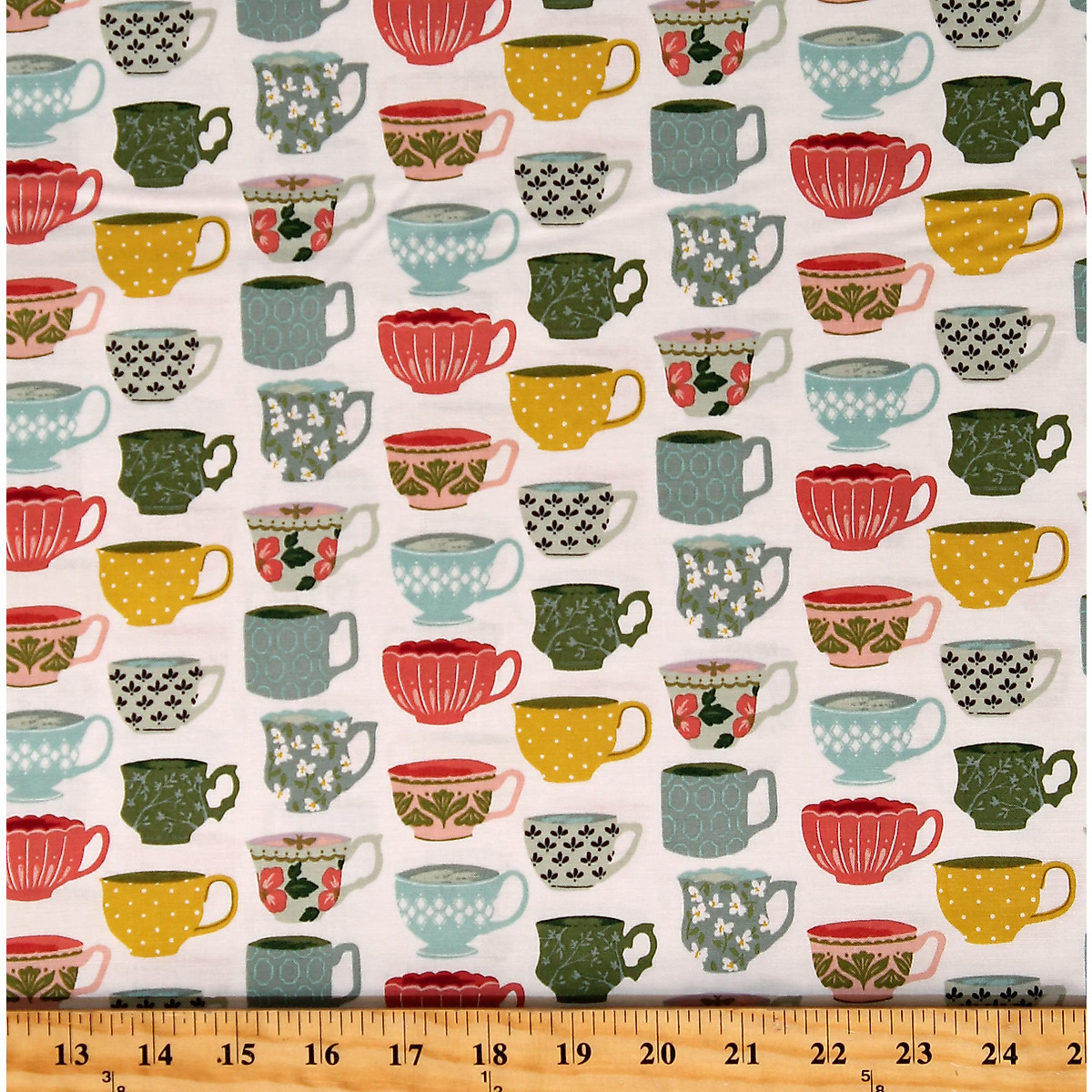 Cotton Tea Cups Mugs Dishes Coffee Tea with Bea White Cotton Fabric Print by The Yard (C10492)
