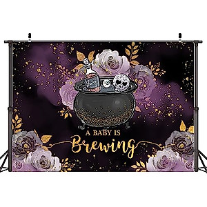 Wollmix Halloween A Baby is Brewing Baby Shower Decorations Backdrop Witch Drink Up Magic Kids Purple Floral Gold Dots Photography Background Party Supplies Banner Photo Studio Booth Props 7x5ft