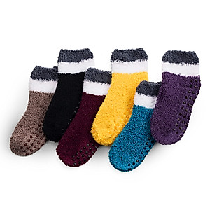 Debra Weitzner 6 Pairs Warm Fuzzy Socks for Kids with Grippers - Non Skid Slipper Socks for Toddlers - Dark Two Tone 6-10 Yr