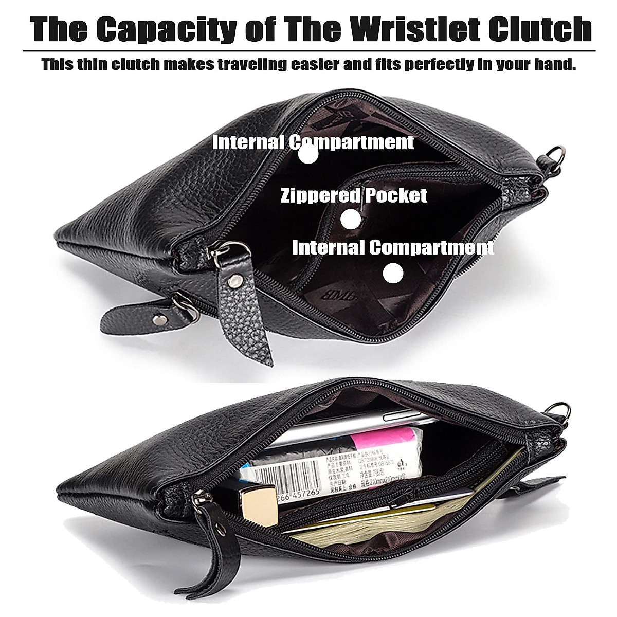 Karoukee Real Leather Wristlet Clutch Women Classic Cell Phone Wristlets Bag Minimalist Clutch Purse with Removable Wrist Strap (Black)