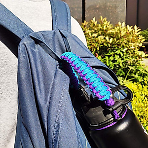 Paracord Handle - Fits Wide Mouth Bottles 12oz to 64oz - Durable Carrier, Paracord Carrier Strap Cord with Safety Ring,Compass and Carabiner - Ideal Water Bottle Handle Strap (Purple Blue Wide)