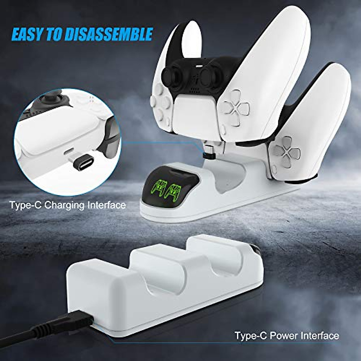 PS5 Controller Charger, Etpark Upgraded PS5 Charging Station Dock with LED Indicator, Safety Chip Protection, Dual USB Type C Fast Charging, White