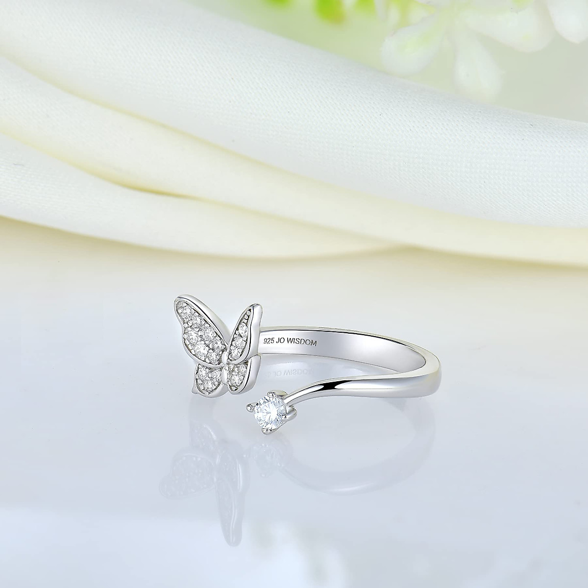 JO WISDOM Women Ring,925 Sterling Silver AAA Cubic Zirconia Butterfly Promise Wedding Engagement Open Rings Adjustable for Women size 5