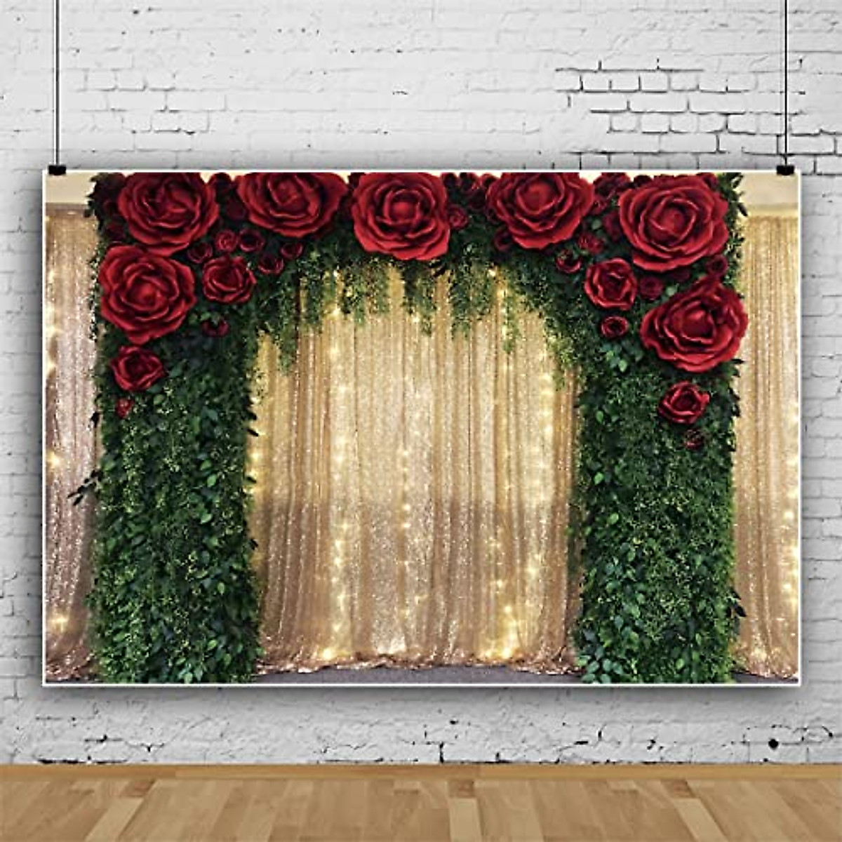 OERJU Wedding Backdrop for Reception Wedding Floral Wall Backdrop Red Rose Flowers Gold Curtain Photo Background Bridal Shower Marriage Anniversary Engagement Party Decor Photo Studio Props 5x3ft