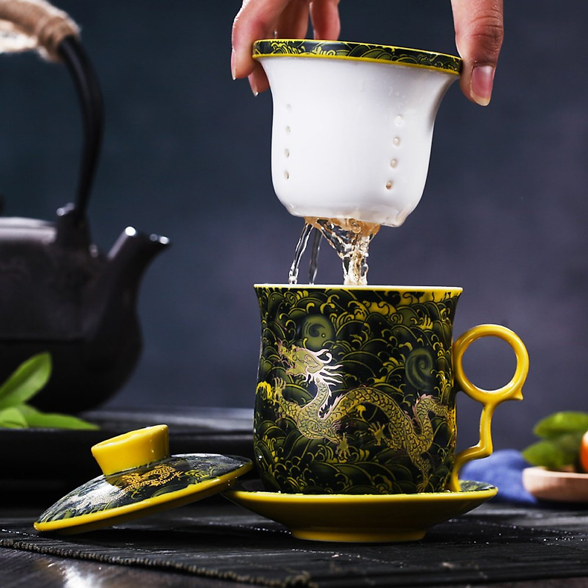 Ameolela Porcelain Tea Cup with Infuser Lid and Saucer Sets - Chinese Jingdezhen Ceramics Coffee Mug Teacup Loose Leaf Tea Brewing System for Home Office