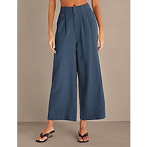 Tanming Linen Pants Women Summer Wide Leg High Waisted Work Pants Palazoo Trousers (NavyBlue-XL)