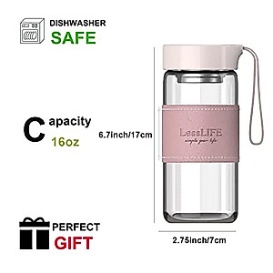 Snminetal Borosilicate Glass Water bottle，Bubble flower tea bottle,With sealing cap and Holsters，Portable Glass Bottle 16oz,Suitable for office, Car, home,as a gift, etc(Pink)