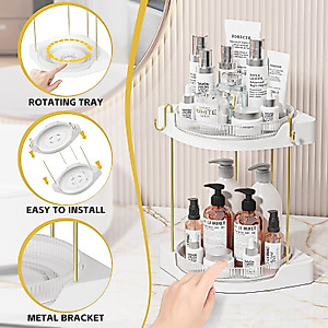 Asayuee 2-Tier Corner Bathroom Counter Organizer with Spinning Tray, Corner Skincare Organizers, Large Bathroom Countertop Organizer, Exquisite Vanity Organizer (Clear, 2-Tier)