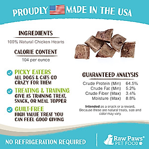 Raw Paws Chicken Hearts Treats, 4 oz - All Natural Freeze Dried Dog Cat Ferrets Food Topper - High Protein Pet Treats - Taurine Source - Grain Free