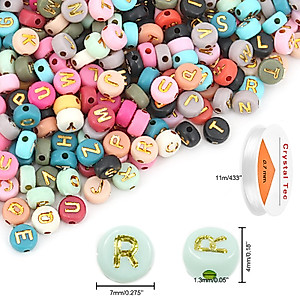 1200pcs Acrylic Letter Beads Alphabet Beads Round Mixed "A-Z" Alphabet Letter Bead Spacer Loose Bead with 1 Roll Crystal String Cord for Jewelry Making DIY Bracelets, Necklaces, Keychain（4mm x 7mm)