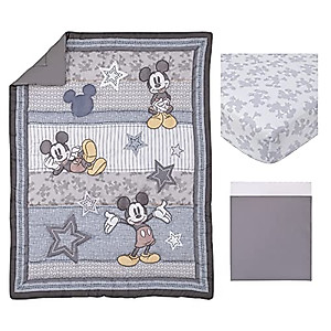 Disney Mighty Mickey Mouse Grey, White and Blue Stars, Stripes and Icons 3 Piece Nursery Crib Bedding Set - Comforter, Fitted Crib Sheet and Crib Skirt