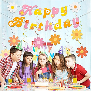 26 PCS Groovy Party Banners Boho Happy Birthday Party Decorations Daisy Flower Hanging Swirls Retro Hippie Party Ceiling Streamers for Two Groovy Retro Party Supplies Baby Shower