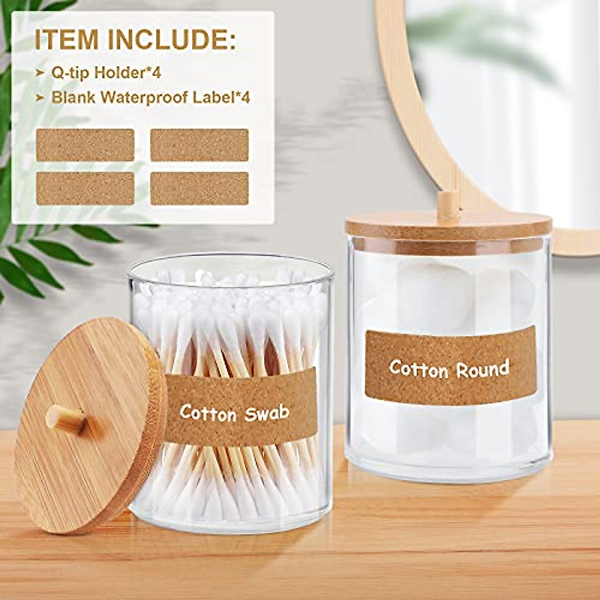 TCJJ 4 Pack Acrylic Qtip Holder Dispenser Bathroom Jars with Bamboo Lids, Cotton Ball Pad Round Swab Holder for Bathroom Accessories Storage Organizer