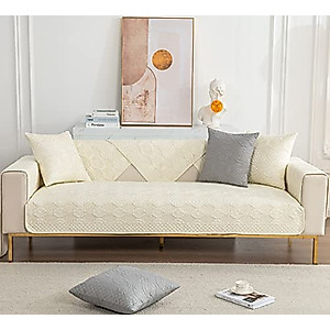 vctops Vintage Embroidered Cotton Sofa Couch Covers Soft Quilted Sectional Couch Cover Non Slip Sofa Slipcover for Dogs, Children, Pets Furniture Protector (Cream,36"x82")