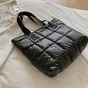 AZURAOKEY Puffer Tote Bag for Women, Women Nylon Shoulder Bag Design Space Padded Messenger Bag Solid Color Handbag
