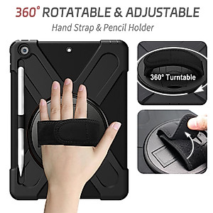 ZenRich iPad 9th Generation Case 10.2 inch 2021, Rugged Shockproof Case for iPad 8th/7th Generation with Pencil Holder, Rotating Hand Strap &Stand, Shoulder Strap and Screen Protector,Black