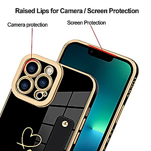 ZIYE for iPhone 13 Pro Max Luxury Electroplated Case with Strap Love Heart Plating Gold Bumper Cover for Women Girls Anti-Scratch Shockproof Back Phone Case for iPhone 13 Pro Max 6.7 Inch