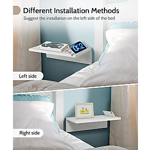 Mazjoaru White Floating Nightstand 16inch, Modern Natural Pine Wood Night Stand Floating Wall Shelves with Phone Slot, Cord Holes, Small Narrow Nightstands Bedside Tables for Bedroom Dorm Bedside