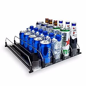 Drink Organizer for Fridge, Self-Pushing Soda Can Dispenser for Refrigerator,Width Ajustable,Beer Pop Can Water Bottle Storage for Pantry, Kitchen(Black, 5 Row)