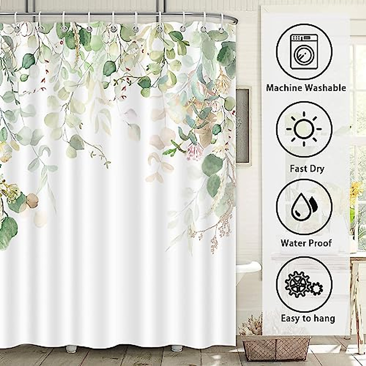 QOQIBU Green Plant Shower Curtain for Bathroom with 12 Hooks,Waterproofing Enhanced Shower Curtains with Eucalyptus Leaf Plant Pattern,Floral Shower Curtain Inspired by Nature for Decoratin-72 x72