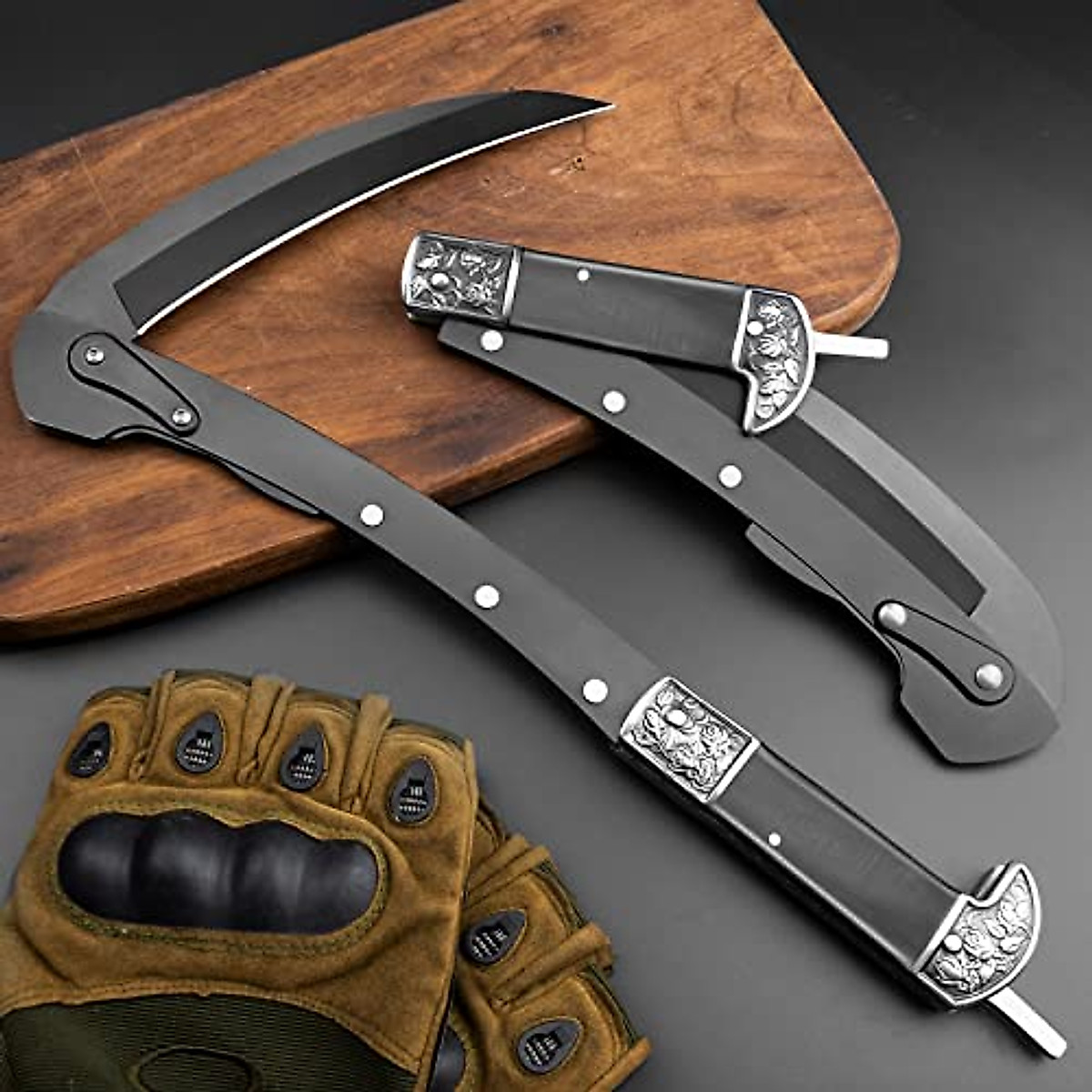 VALHALLA Folding Sickle, Black Sharp Blade with Two Section Foldable Scythe, Wooden Handle Folding Scythe, Folding Sickle Knife, Sheath for easy carrying