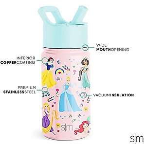 Simple Modern Disney Princesses Toddler Water Bottle with Straw Lid | Reusable Insulated Stainless Steel Kids Cup | Summit Collection | 10oz, Princess Rainbows