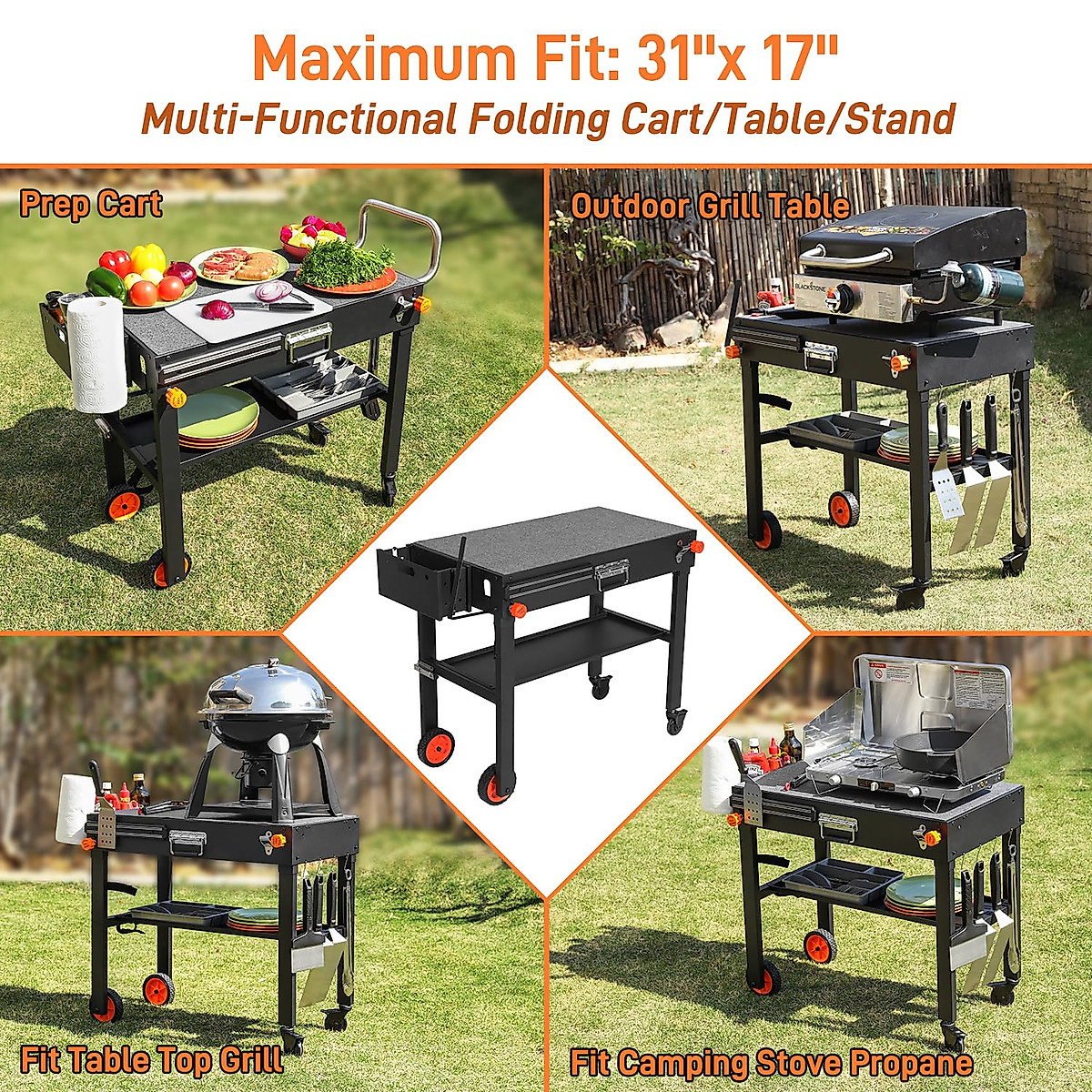 Outdoor Portable Grill Table stand - Folding Prep Stand for 17" or 22" Blackstone Griddle, Large Space blackstone Table with Wheels, Pizza Oven Cart for Ninja, Patio Grilling Backyard BBQ Grill Cart.