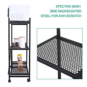 RokiaTek 3-Shelf Foldable Storage Shelves with Wheels, Large Capacity Metal Standing Shelving Unit, No Assembly Heavy Duty Organizer Rack for Kitchen, Garage, Basement, Pantry, Matte Black