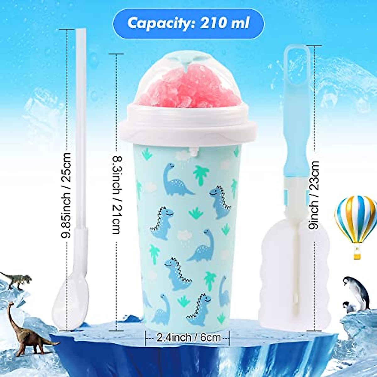 New Cartoon Dinosaur Slushy Cup, Quick Frozen Magic Slushie Maker Cup, Double Layers Slushie Cup with Cup Brush Straw and Spoon, DIY Homemade Squeeze Slushy Maker Cup for Drinks Juices and Milk