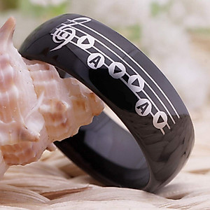 Tungsten Wedding Ring 8mm Width Black/Blue/Silver Dome Legend of Zelda Song Ring Storms & Triforce Design Ring Music Ring- FREE Inside Engraving (Black, 7)