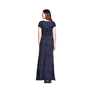 Adrianna Papell Women's Short Sleeve Blouson Beaded Gown, Navy, 10