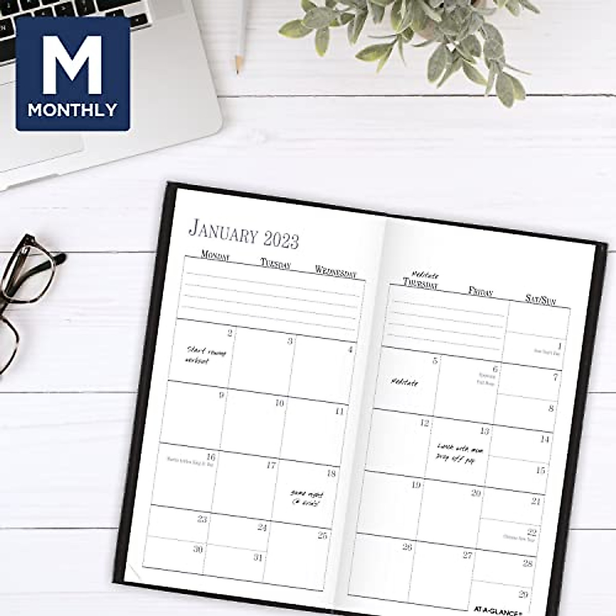 AT-A-GLANCE 2023 Weekly & Monthly Diary, Fine Diary, 3" x 6", Faux Leather, Hardcover, Black/Brown (740205)