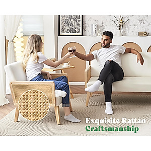 AMERLIFE Rattan Sofa, 2 Piece Sofa Couch Set- Sofa Chair for Living Room with Rattan Armrest, Loveseat Sofa Set, Velvet White Armchair