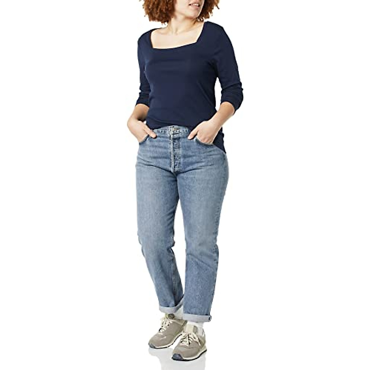 Amazon Essentials Women's Slim-Fit Long Sleeve Square Neck T-Shirt, Navy, XX-Large