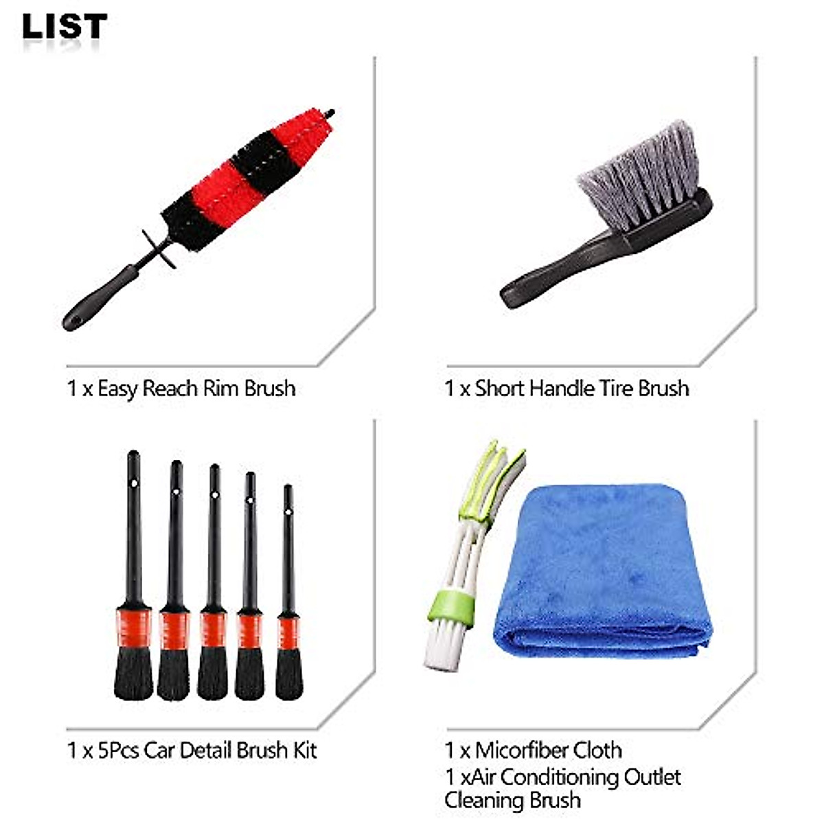 SPTA 9Pcs Wheel & Tire Brush Car Detailing kit, Easy Reach Wheel and Rim Brush, 5pcs Detailing Brushes, Short Handle Cleaning Brush, 1pc Microfiber Cleaning Cloth, Great to Clean Dirty Tires