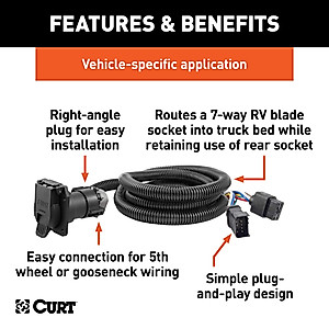 CURT 56071 7-Foot Vehicle-Side Truck Bed 7-Pin Trailer Wiring Harness Extension, Select Dodge Ram 1500, 2500, 3500, Dakota , Black
