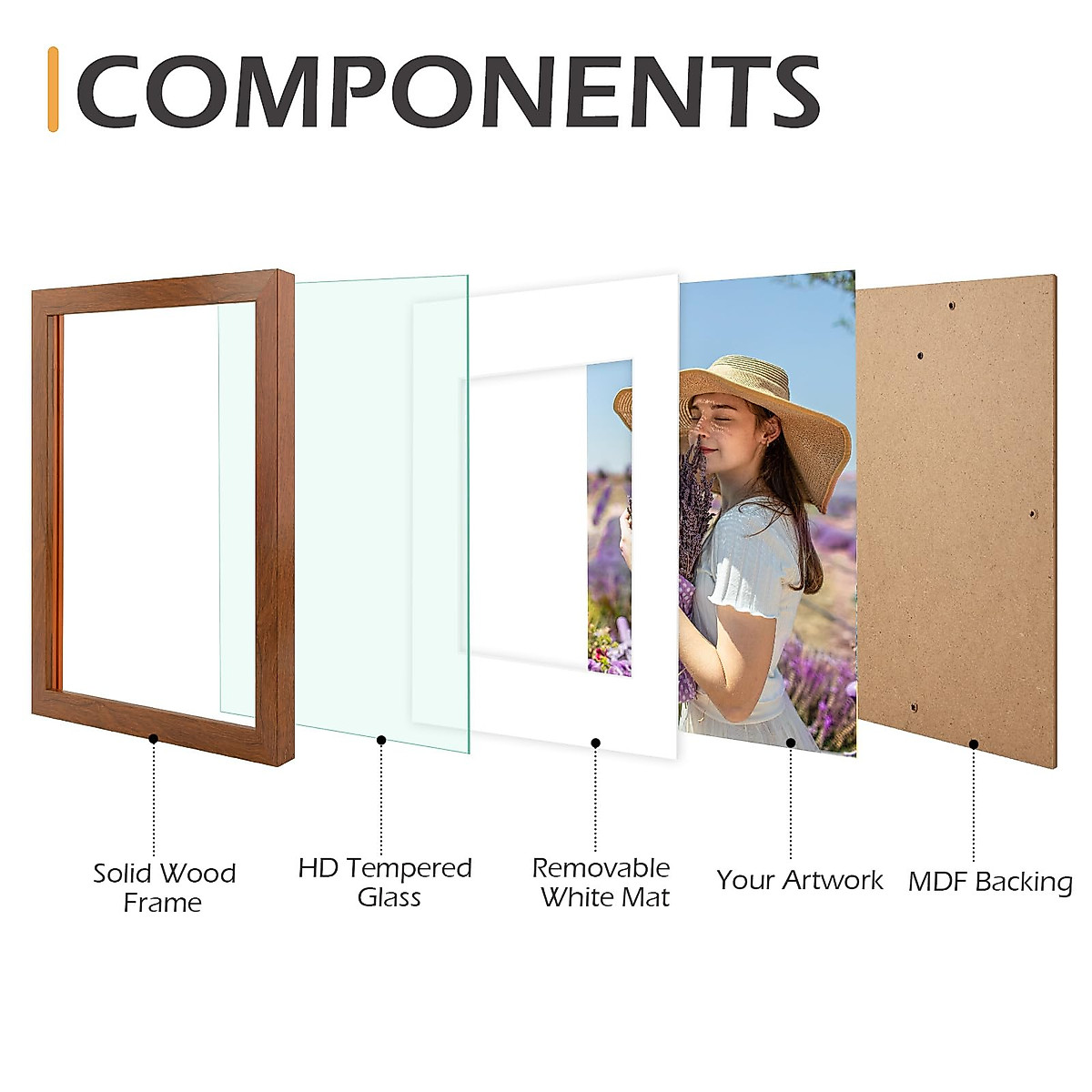 Golden State Art, 11x14 Picture Frame Brown - Solid Wood with Tempered Glass - Display Pictures 8x10 with Mat or 11x14 without Mat - Wall Hanging Photo Frame, 1 Pack