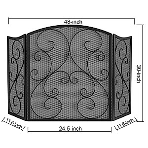 Fire Beauty Fireplace Screen 3 Panel Wrought Iron Metal 48"(L) x30(H) Spark Guard Cover(Black)