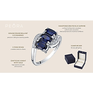 PEORA Created Blue Sapphire and Genuine Diamond Three Stone Anniversary Ring for Women 14K White Gold, 1.50 Carats total Oval Shape, Size 6